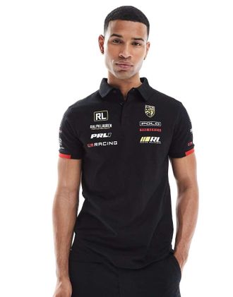 Polo Ralph Lauren Pikee-Polohemd in Schwarz mit Racing-Logoprint auf Brust und Rücken