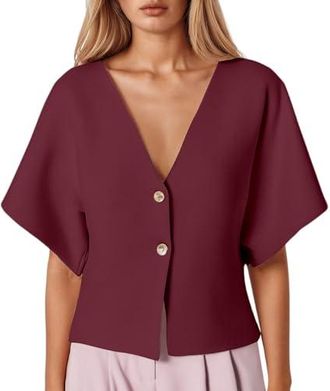 Generico Cardigan d&eacute;t&eacute; &agrave; manches courtes l&eacute;ger avec boutons et col en V pour femme, rouge, L
