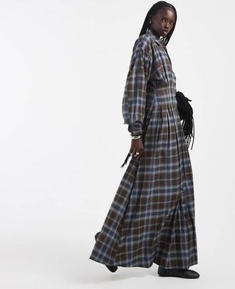 Asos robe chemise longue cintr&eacute;e &agrave; la taille &agrave; carreaux chocolat-Multi