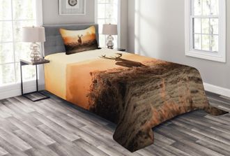Abakuhaus Jagd Tagesdecke Set, Deer Morning Sun, Set mit Kissenbez&uuml;gen Waschbar, f&uuml;r Einzelbetten 170 x 220 cm, Orange Braun