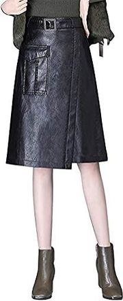 Lazutom Jupe mi-longue vintage en similicuir pour femme, Noir, 38