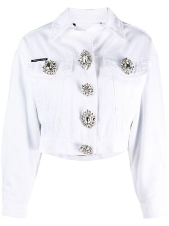 Philipp Plein veste crop en jean &agrave; boutons orn&eacute;s de cristal - Blanc