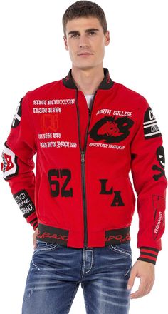 Cipo & Baxx Herren Jacke CJ274 Rot - Stylische College Jacke im Modernen Streetstyle mit Stickereien, Aufn&auml;hern & Rei&szlig;verschluss - Modische &Uuml;bergangsjacke f&uuml;r All
