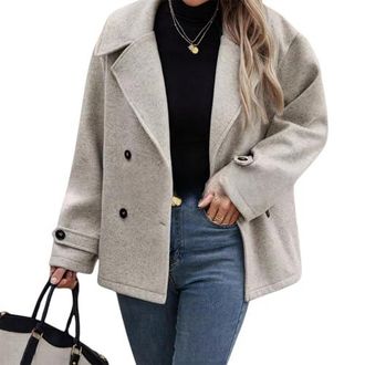 Generic Manteau court en laine m&eacute;lang&eacute;e &agrave; double boutonnage avec col &agrave; revers et poches pour femme, kaki, XXL