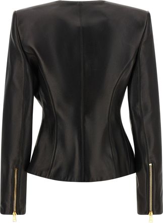 Balmain Gold-Zip Sculptural Lambskin Jacket - Black