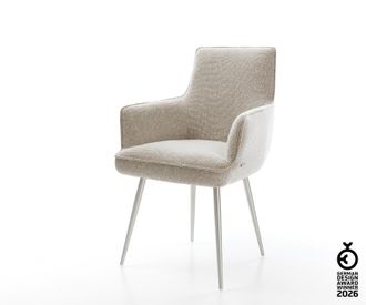 DELIFE Esszimmerstuhl Heira-Flex mit Armlehnen Webstoff Soft Beige 4-Fu&szlig; konisch Edelstahl Taschenfederkern, Esszimmerst&uuml;hle