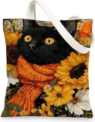 Generic Sacs fourre-tout en toile motif floral vintage, sacs dépicerie réutilisables, sacs artistiques légers et lavables en toile avec bandoulière, Noir/blan