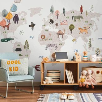 OEM Sfondo Fotografico - Mondo Beige - Continenti Con Animali Dai Colori Tenui