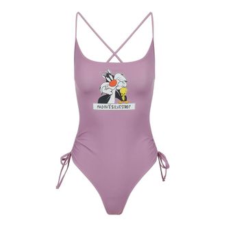 Iceberg Femme, Maillots de bain, Violet, Taille: 40 FR Une pièce violette avec une impression Looney Tunes sur la poitrine