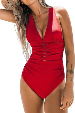 Cupshe Maillot de bain une pièce pour femme avec col en V froncé sur le devant et découpe croisée à nouer dans le dos, Rouge, Taille L