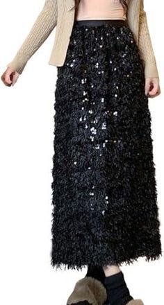 Generic Jupes Femme Sexy Deguisement Carnaval mi-Longue l&eacute;g&egrave;re en Plumes et Sequins avec Fente dans Le Dos et Ceinture &eacute;lastique (Black M)