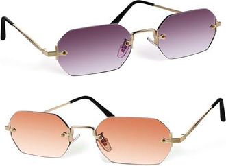 Garneck 2 pi&egrave;ces Lunettes de Soleil Vintage sans Monture Polygonales pour Femme et Homme Monture M&eacute;tal L&eacute;g&egrave;re Verres PC Design Confortable et &Eacute;l&eacute;gant