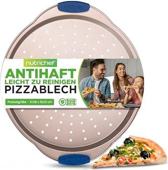 Nutrichef NutriChef Pizzablech Gold Ø 32 cm - Rund, Gelocht, Antihaft, Carbonstahl Ideal als Pizzateller | Spülmaschinengeeignet, BPA-frei & stapelbar