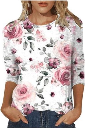 Generic T-shirt d&eacute;contract&eacute; pour femme avec imprim&eacute; floral, col rond, manches 3/4, coupe ample, Rose, 3XL