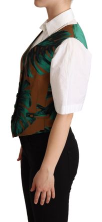 Dolce & Gabbana Womens Green Jacquard Leaf Gold Waistcoat Vest Polyester Silk Elastane Clothing