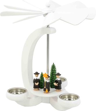 Seiffener Volkskunst | Erzgebirgische Weihnachtspyramide im eleganten Bogendesign in weiß | 23 cm | Handgefertigte Pyramide Erzgebirgspyramide | Kurrende farbig mit Claudi