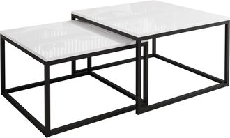 Lukmebel Yoshi 2 in 1 Set 2-er Set Weiß Hochglanz HG Couchtisch Tisch Wohnzimmertisch moderner Kaffeetisch Sofatisch Beistelltisch Wohnzimmer Metall Metallrahm