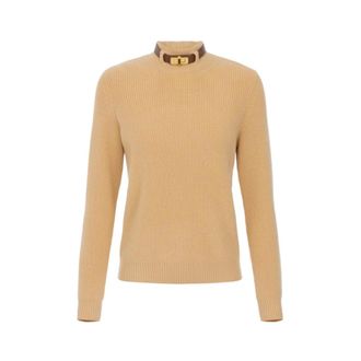 Elisabetta Franchi Femme, Pulls, Jaune, Taille: 42 FR Pull en Laine avec Bride en Métal Doré