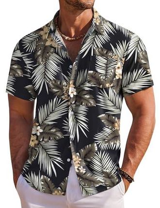 Coofandy Chemise Hawaienne &agrave; Manches Courtes pour Homme Hawaii Holiday Shirts Chemise d&eacute;t&eacute; Chemises D&eacute;contract&eacute;es de Plage Noir/Fleur Jaune XXL