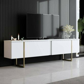 Dmora Dmora - Meuble tv Centaurus, Buffet de salon, Armoire basse pour tv, Base murale de rangement, 180x30h50 cm, Blanc et Or, avec emballage renforc&eacute;