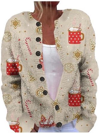 Generic 2026 Vestes pour femmes Mode Casual Automne Hiver No&euml;l Imprim&eacute; Bouton Cardigan Veste, beige, XXL