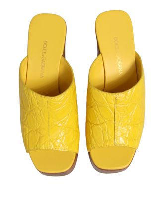 Dolce & Gabbana Womens Yellow Leather Wood Mule Wedge Slides Shoes 100iman