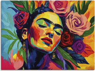 Artland Wanddeko Leinwand Bilder Wandbild 120x90 cm Feminismus Porträt Frau Blumen abstrakt bunt Frida Kahlo Floral U5MT