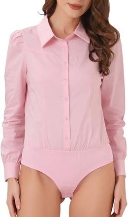 Allegra K Chemisier Body Femme Justaucorps Col Rebattu pour Business Chemise Décontracté Boutonné à Manches Longues Body Haut Rose XL
