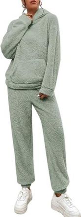 Minetom Femme Pyjama Ensemble Hiver Manches Longues Chaud Doux Polaire Vêtements de Nuit Deux Pièces Flanelle Sweat à Capuche et Pantalon A Vert S