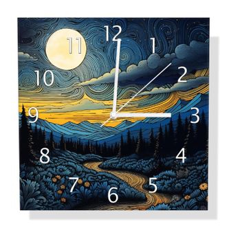 Wallario Design-Wanduhr Mondschein über den Bergen aus Glas, Motiv-Uhr Größe 30 x 30 cm, weiße Zeiger