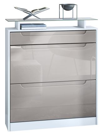 Vladon Schuhschrank Fiesta, Wei&szlig; matt/Sandgrau Hochglanz/Sandgrau Hochglanz Schuhkipper f&uuml;r 16 Paar Schuhe mit 2 Klappen (89 x 104 x 23 cm)