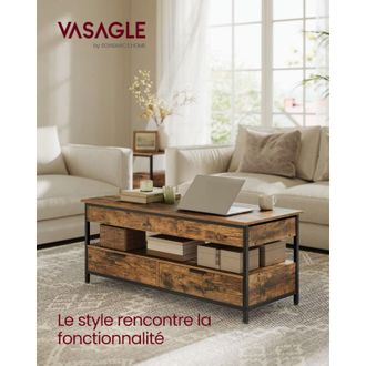 Vasagle Table Basse, Table de Salon avec Plateau Relevable, Tiroirs de Rangement, avec Rangement Ouvert et Compartiment Cach&eacute;, 50 x 120 cm, Marron Rustique
