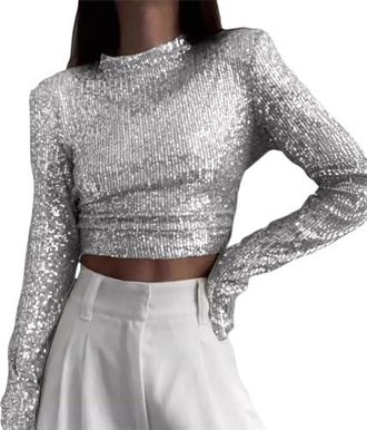 Generico Top court pour femme &agrave; manches longues &agrave; paillettes, top scintillant pour femme d&eacute;contract&eacute; &agrave; col rond, tunique haut l&eacute;ger avec paillettes, chemisiers