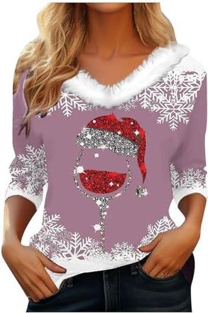Generic Sweat-shirt de Noël imprimé flocon de neige pour femme, col en V en fourrure, manches 3/4, pulls fantaisie de Noël, pulls de vacances, pulls décontrac
