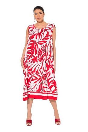 Ulla Popken Midikleid, Blätter, Geraffter Rundhals, Ärmellos Robe midi, Rouge Fluo, 48-50 Femmes