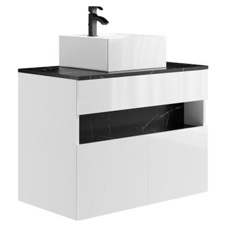 Vente-Unique Meuble de salle de bain suspendu à LEDs avec vasque à poser - Blanc et noir effet marbre - L80 cm - POZEGA