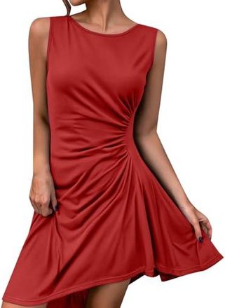 Generic Robe amincissante d&eacute;t&eacute; sans manches pour femme - Taille fronc&eacute;e - Coupe trap&egrave;ze fluide - Robe de cocktail mi-longue, Rouge, XXL
