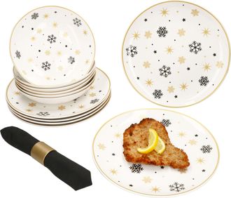 MamboCat Stars schwarz & Gold 12tlg Tafelservice I Steingut-Geschirr für 6 Personen Sternen & Schneeflocken I 6X Flache Speiseteller & 6X Tiefe Suppenteller 50