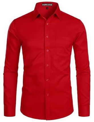 PARKLEES Chemise habill&eacute;e &agrave; manches longues pour homme, coupe ajust&eacute;e, style d&eacute;contract&eacute;, business ou formel, &agrave; boutons avec poche, Rouge, XXL