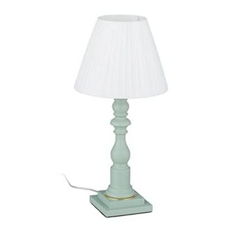 Relaxdays Tischlampe, mit Holzfuß & Stoffschirm, E27-Fassung, Vintage Nachttischlampe, H x D: 47 x 22,5 cm, grün-weiß