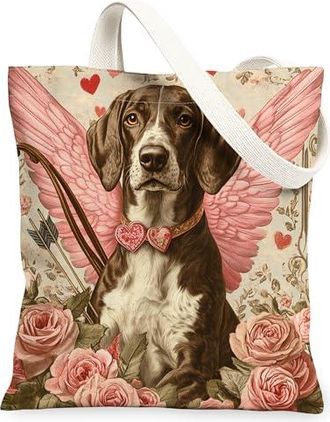 Generic Sac fourre-tout en toile pour la Saint-Valentin - Motif chien &agrave; poil court allemand - 33 x 38 cm - R&eacute;utilisable - Motif imprim&eacute; chiot - Pour femme - R