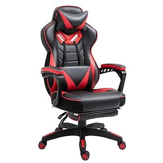 Vinsetto Ergonomischer B&uuml;rostuhl, Gaming Stuhl, Drehstuhl mit einziehbare Fu&szlig;st&uuml;tze und Verstellbarer R&uuml;cken Schaumstoff+PU-Leder+Metall, Schwarz+Rot, 65 x 70 