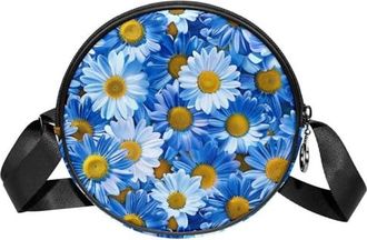 Generic Sac &agrave; bandouli&egrave;re rond pour femme, motif marguerites blanches, petit sac &agrave; bandouli&egrave;re avec fermeture &eacute;clair, bretelles r&eacute;glables, sac &agrave; main rond d&eacute;c