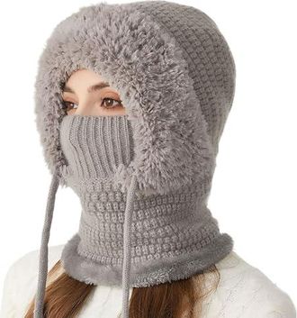 Generico Chapeau dhiver &agrave; capuche chaud pour femme - Couverture faciale r&eacute;glable coupe-vent, capuche en maille douce avec gu&ecirc;tres pour le cou int&eacute;gr&eacute;, confort 
