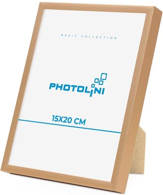 Photolini Alu-Bilderrahmen 15x20 cm Gold schmal, Metall-Rahmen aus Aluminium, bruchsicheres Acrylglas, zum Aufhängen & Aufstellen, extra Zubehör, modernes Desig