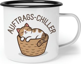 OM3 lustige Emaille-Tasse mit Spruch - Auftrags-Chiller Katze Cat K&auml;tzchen Chillout Auftragschiller I | Emailletasse Emaille Becher | 10oz 300ml | Beidsei