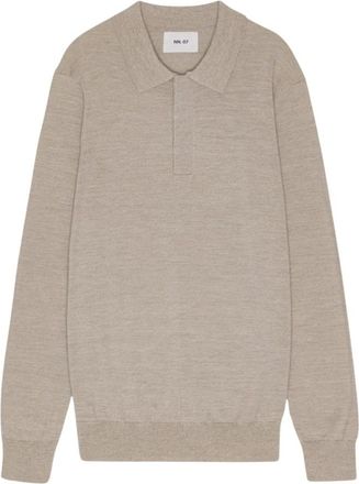 Nn.07 Wollmoulin&eacute; Polo Pullover Wei&szlig;er Pfeffer - - Knitwear - Herren - Beige - L
