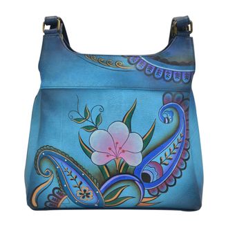 Anuschka Damen Handbemalte umhängetasche DREI Fächern Satchel Handtasche | Echtes Leder, Denim Paisley Floral