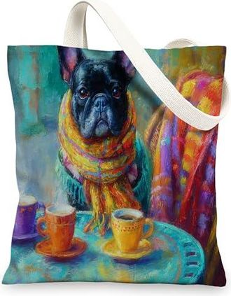 Generic Sacs fourre-tout en toile pour chien, motif animal coloré, sacs à provisions réutilisables, amusants, fantaisistes, légers et lavables avec bandoulièr