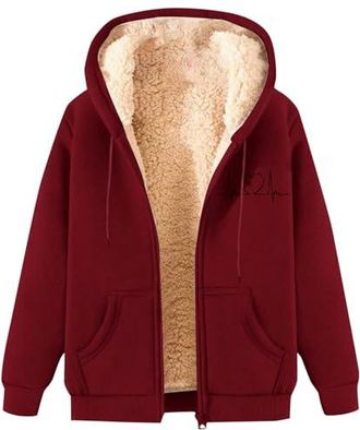 Generic Vestes pour femmes et hommes et fermeture &eacute;clair &agrave; capuche en polaire avec poches Motif battements de coeur 2026, bordeaux, 3XL